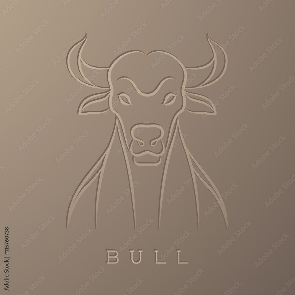 Bull illustration line art debossed design isolated on light brown ...