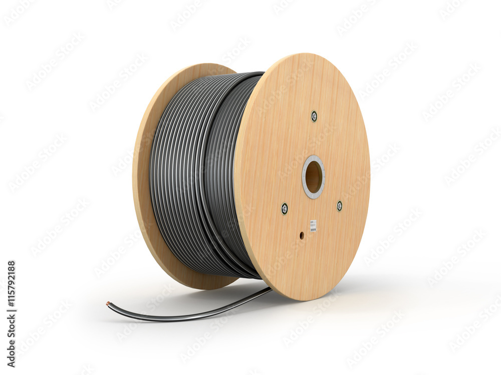 Wooden coil of electric cable isolated white background. 3D illu Stock ...