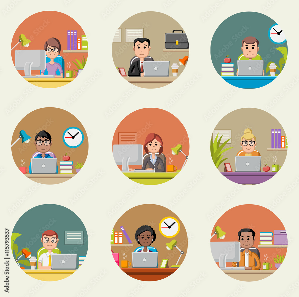 Template with cartoon business people working with computer. Office ...