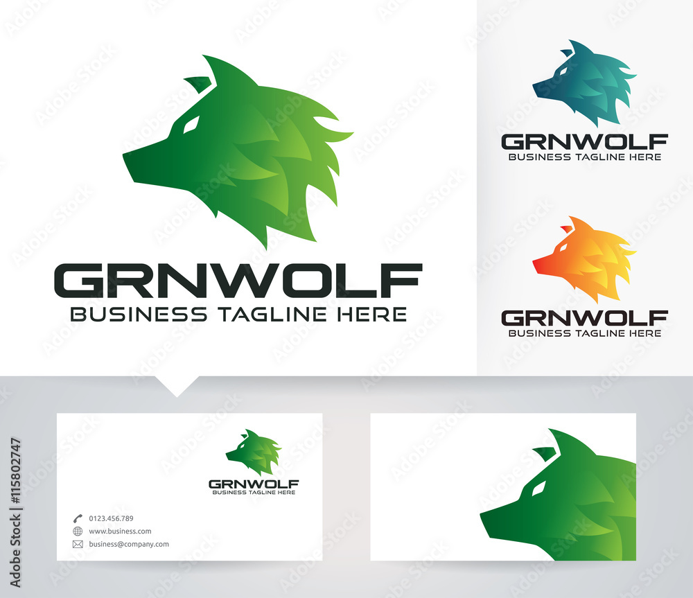 Green Wolf vector logo with alternative colors and business card ...