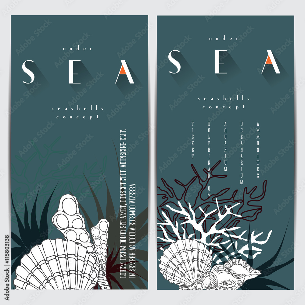 Sea life concept design, seashells vector line art composition with ...
