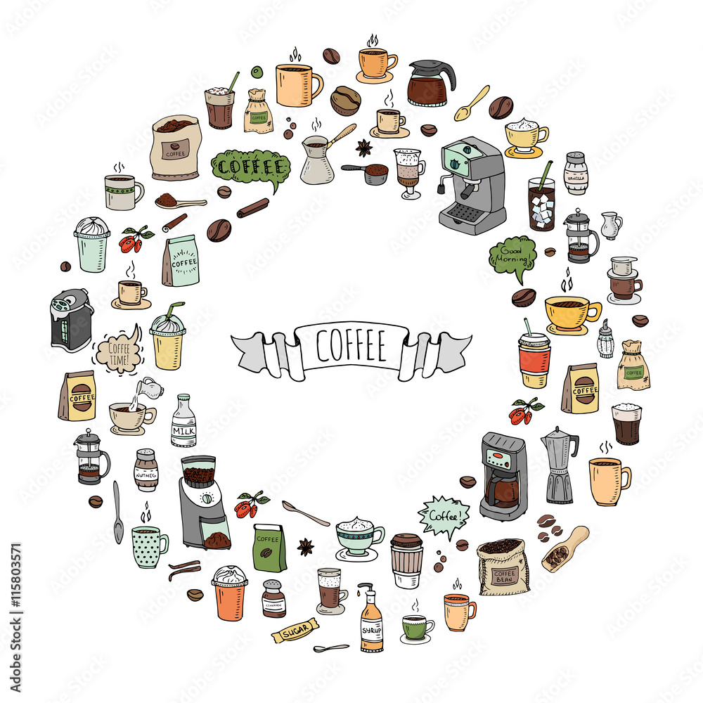 Hand drawn doodle Coffee time icon set Vector illustration isolated ...
