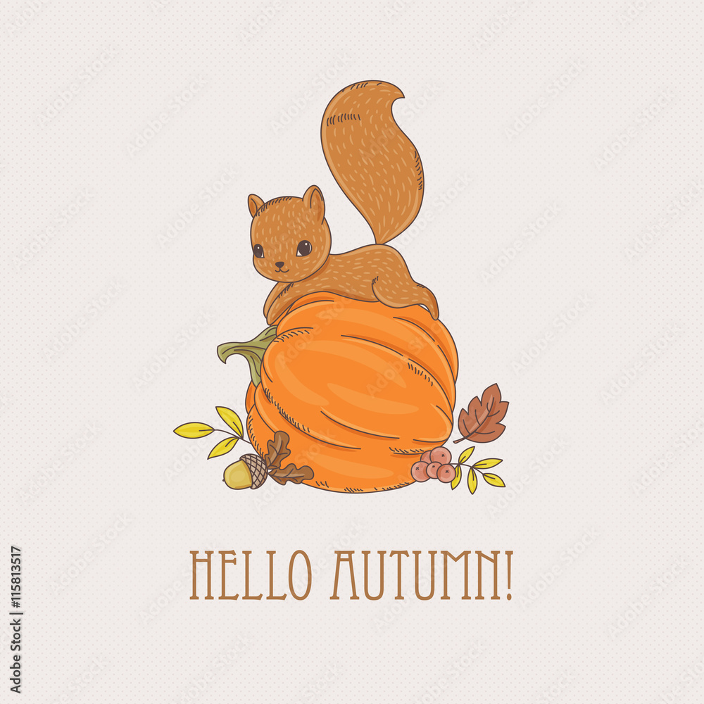 Greeting card "Hello autumn" with cute little squirrel on the pu Stock ...