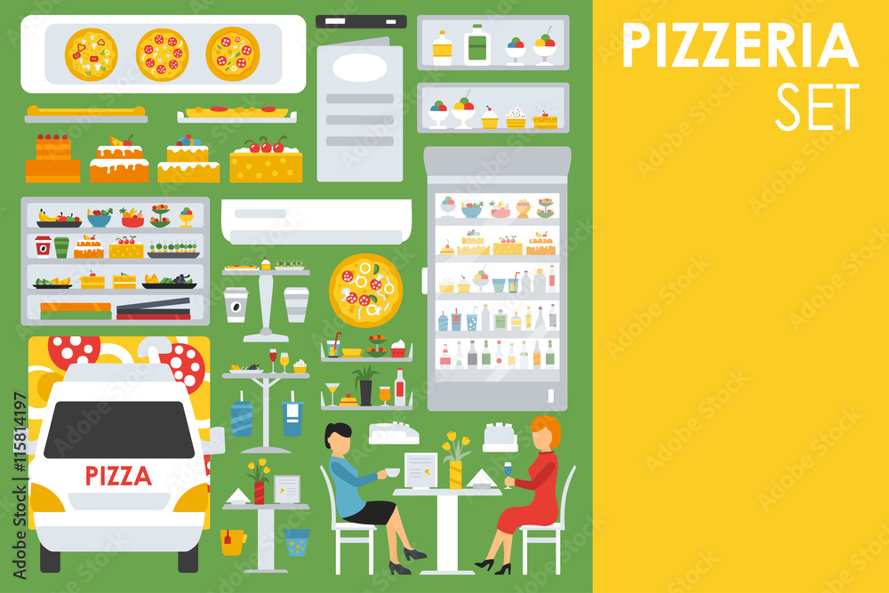 Big detailed Pizzeria Interior flat icons set. Menu, Refrigerator ...