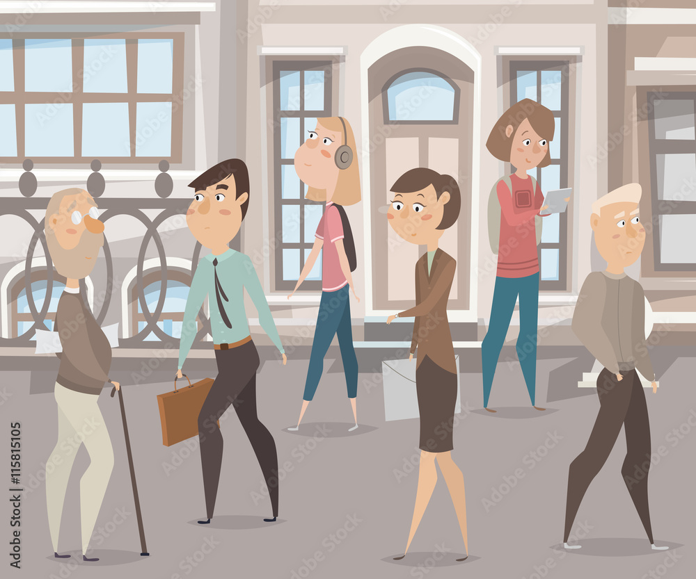 People walking on the street. Funny cartoon characters. Vector ...