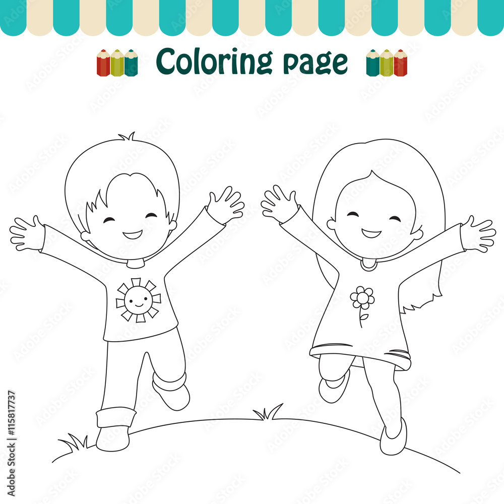 Coloring page happy kids Stock Vector | Adobe Stock