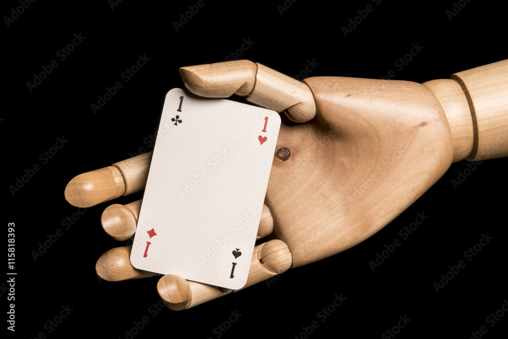 Hand presents a playing card absurd game. Heart, clover, tile, dive on ...