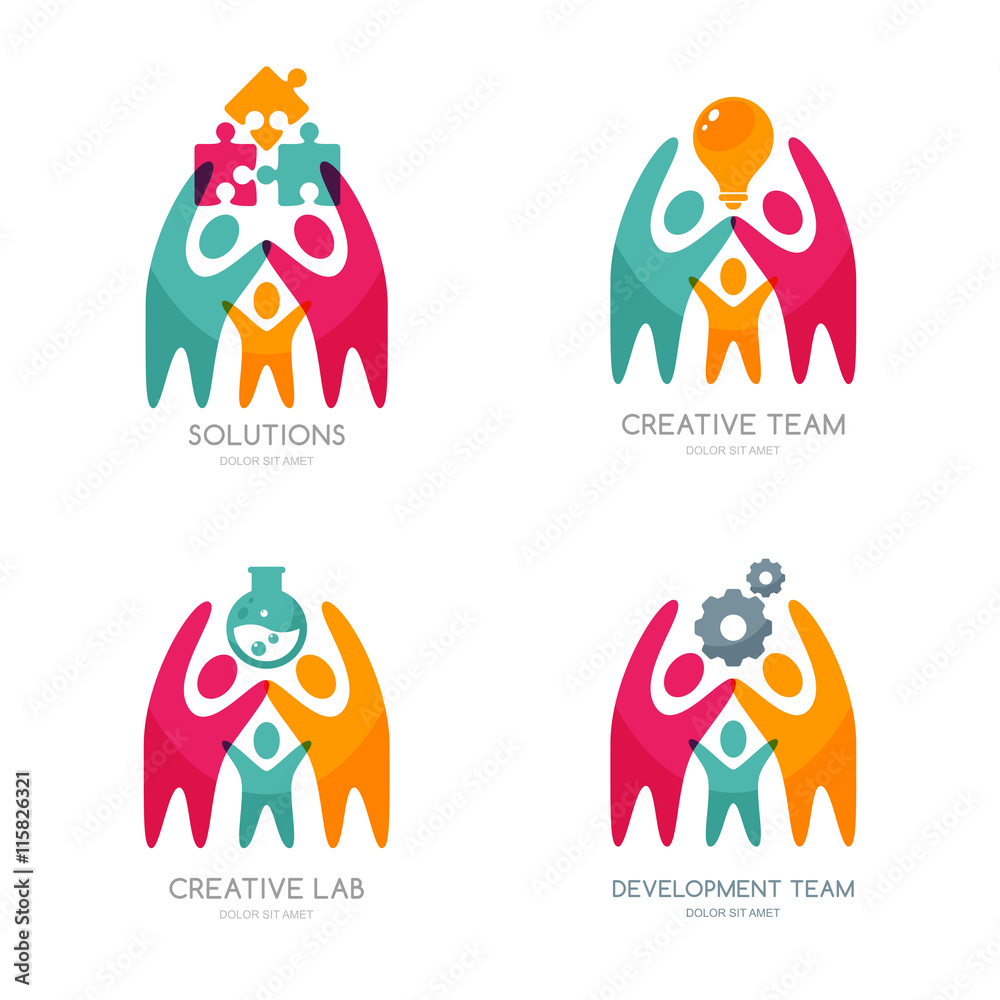 Set of vector human logo, icons or emblem. People with puzzle, light ...