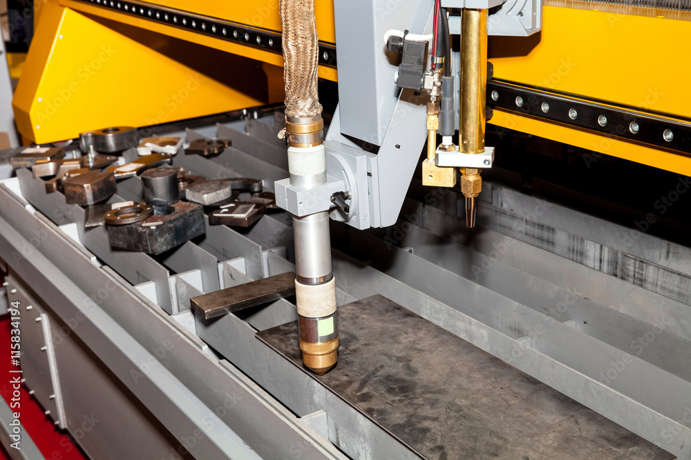 Machine for constant metal laser cutting, metal processing close up ...