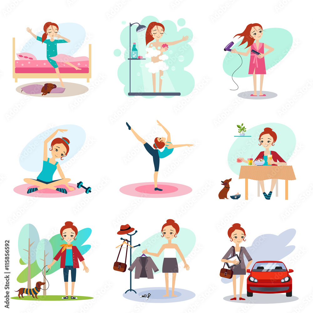 Daily Routine set with cute girl Stock Illustration | Adobe Stock