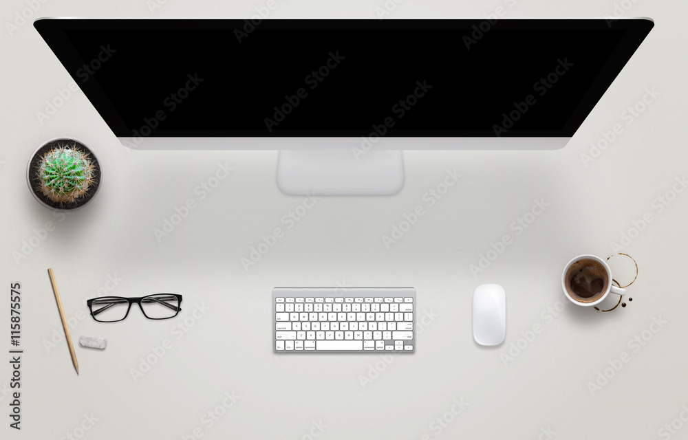 Computer display with blank screen for mockup. Top view of modern white ...
