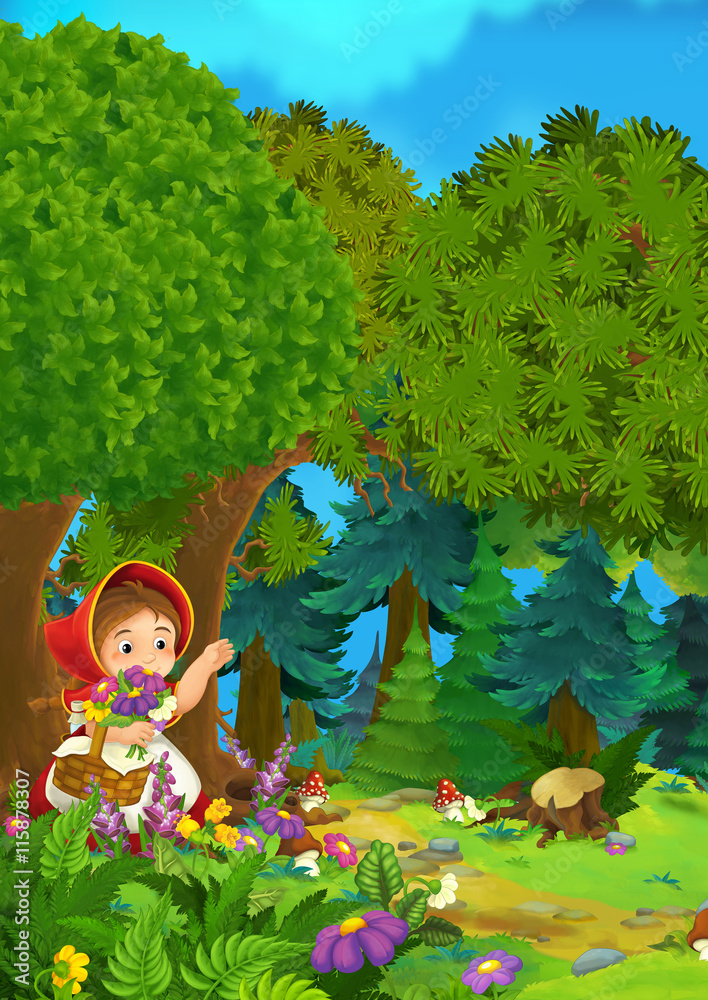 Cartoon forest scene - girl waving for goodbye to someone outside stage ...