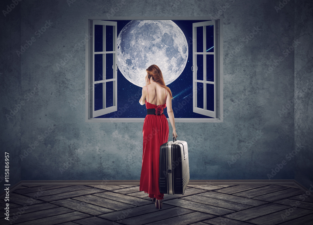 Beautiful woman in red dress walking to opened window with moon Stock ...