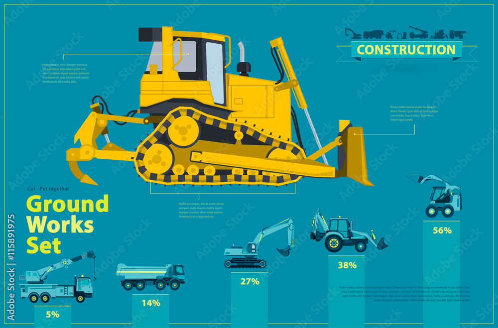 Blue infographic big set of ground works blue machines vehicles ...