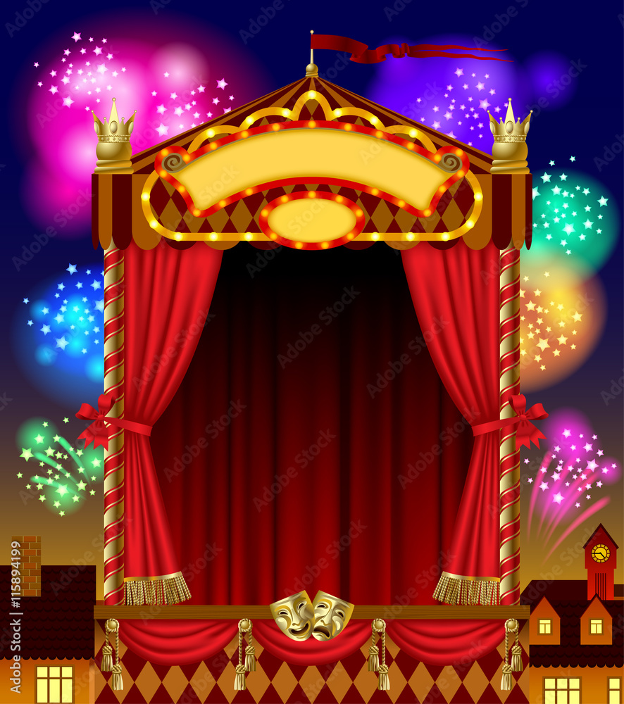 Puppet show booth with red curtain with night city and fireworks Stock ...