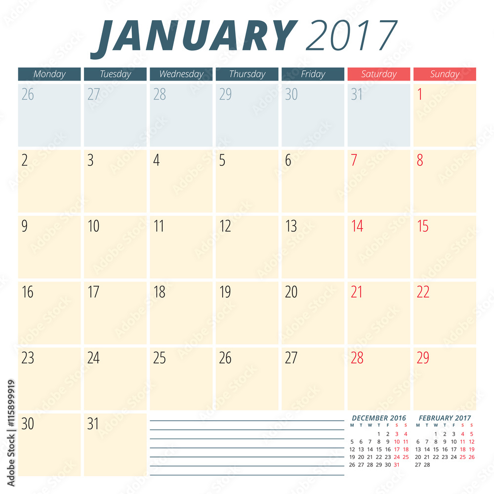 January 2017. Calendar Planner for 2017 Year. Week Starts Monday ...
