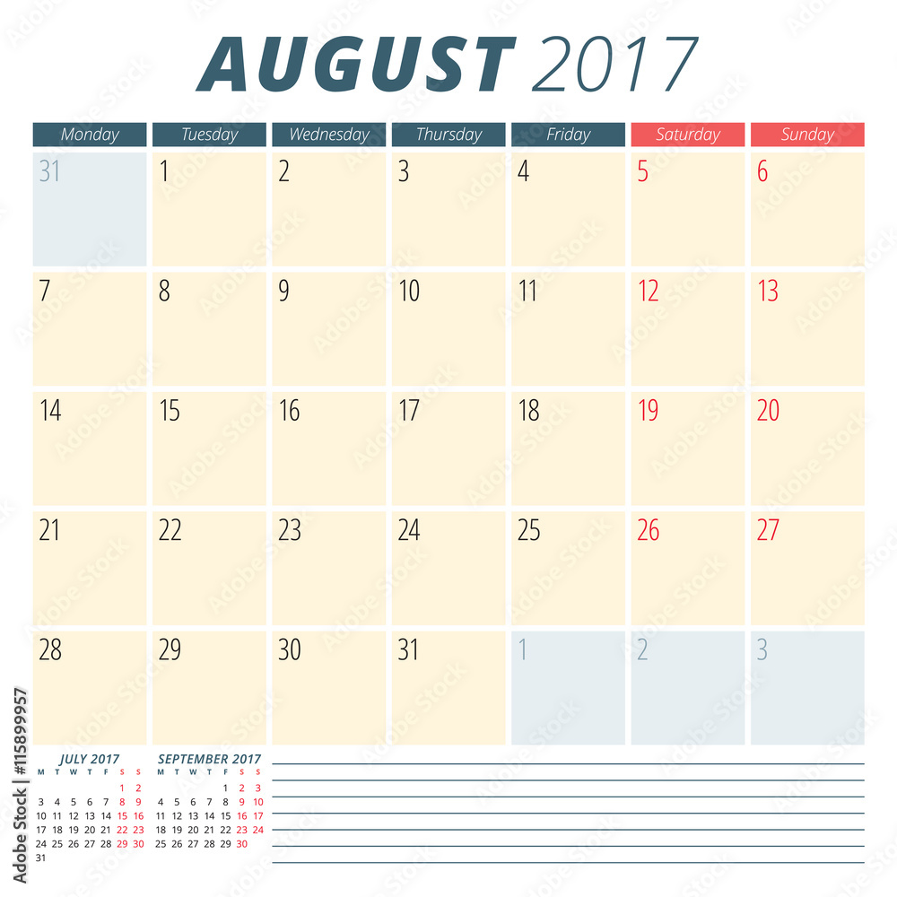August 2017. Calendar Planner for 2017 Year. Week Starts Monday ...