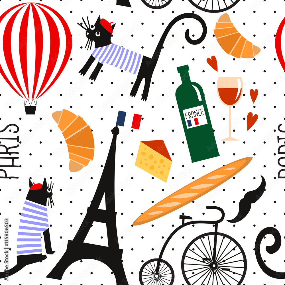 French culture symbols seamless pattern on polka dots background. Funny ...