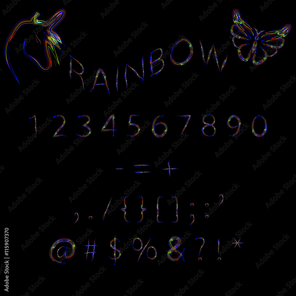 Rainbow neon numbers. The numbering and symbols with butterflies and ...