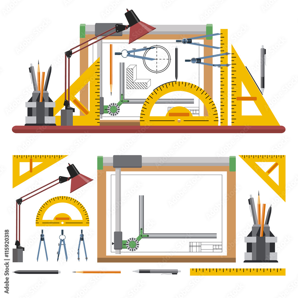 Architects and designer workplace vector illustration in flat style ...