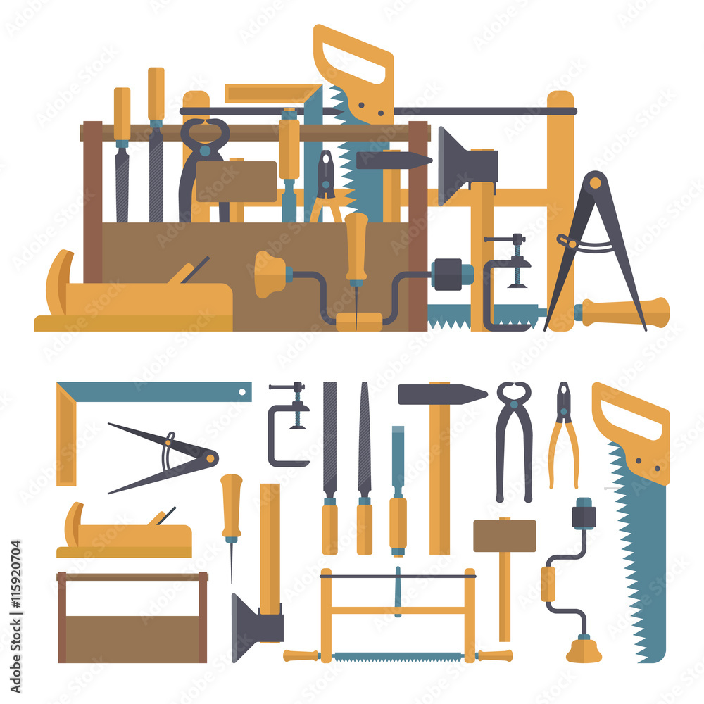 Vector set of carpenter tools and instruments in flat style. Home ...
