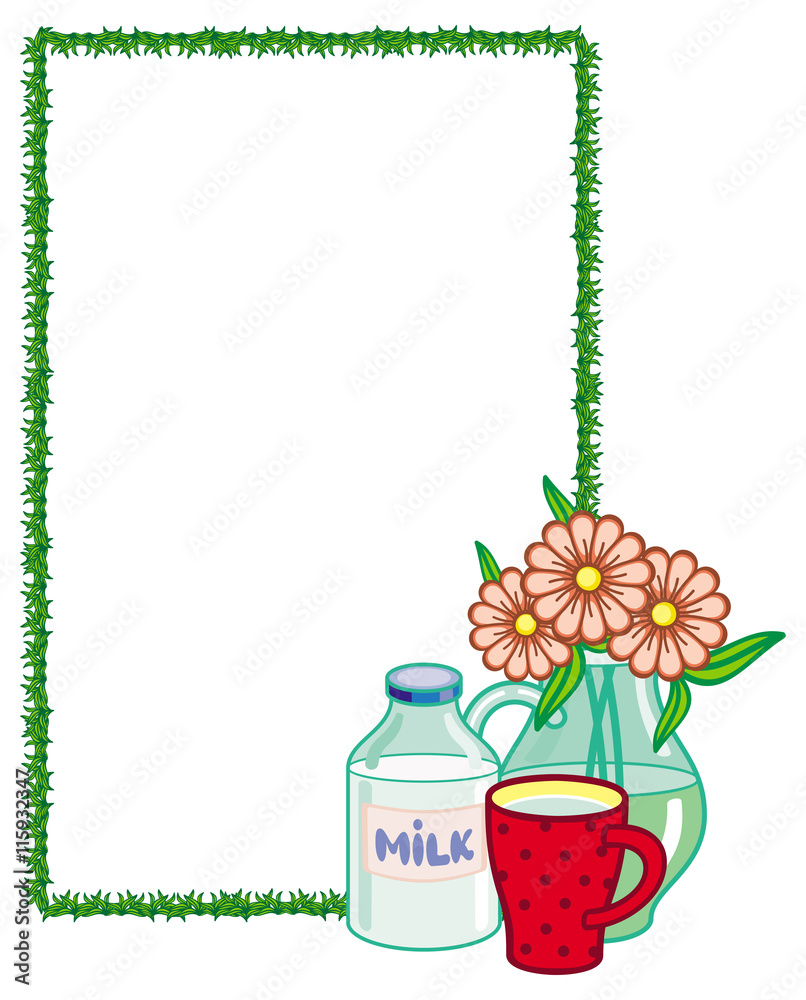 Vertical frame with bottle of milk and a cup.Vector clip art. Stock ...