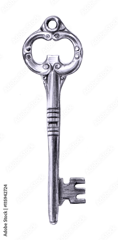 Pencil drawing of vintage style metal key on white background Stock ...