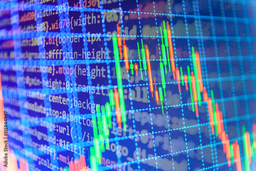 Computer source code and stock graph chart on monitor screen. Modern ...