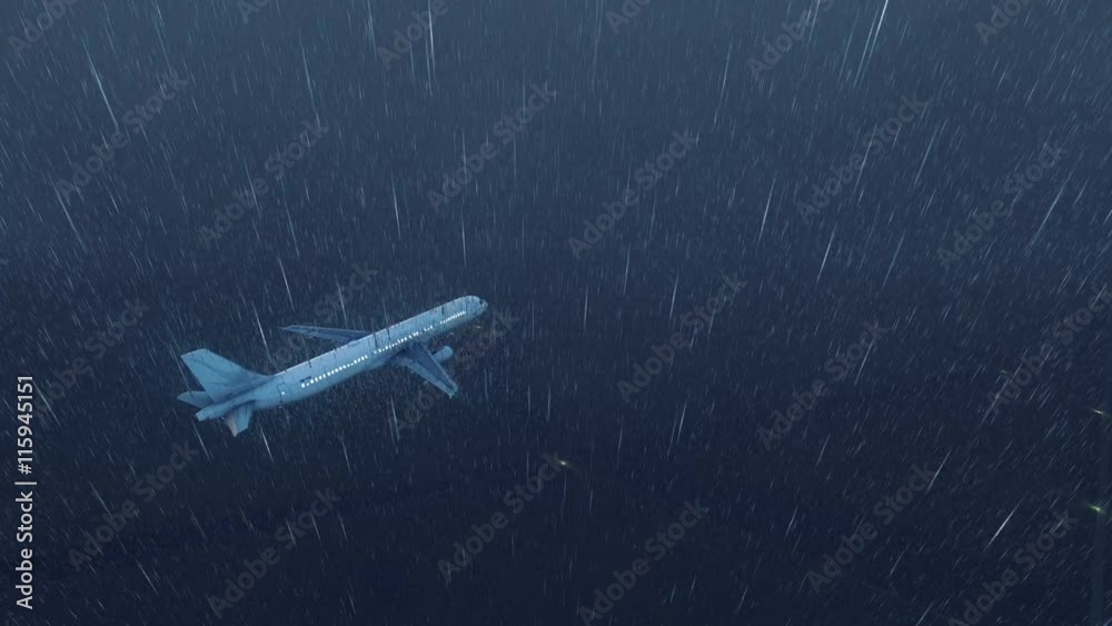 Passenger airplane flying high in the night sky at stormy weather with ...