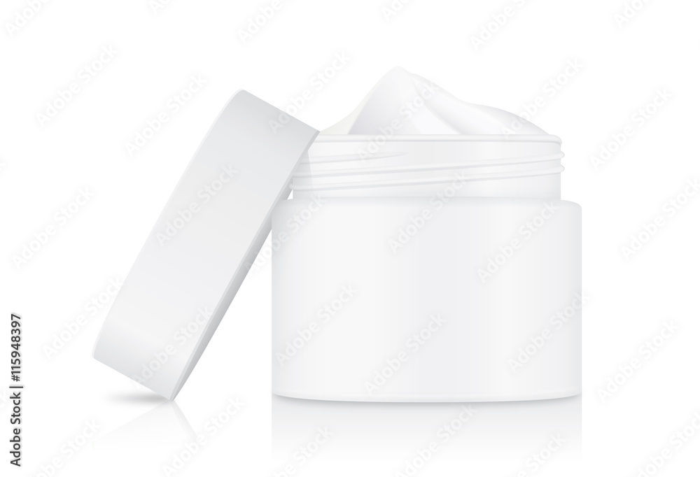 Cream container opaque white color with white cap which opened at side ...