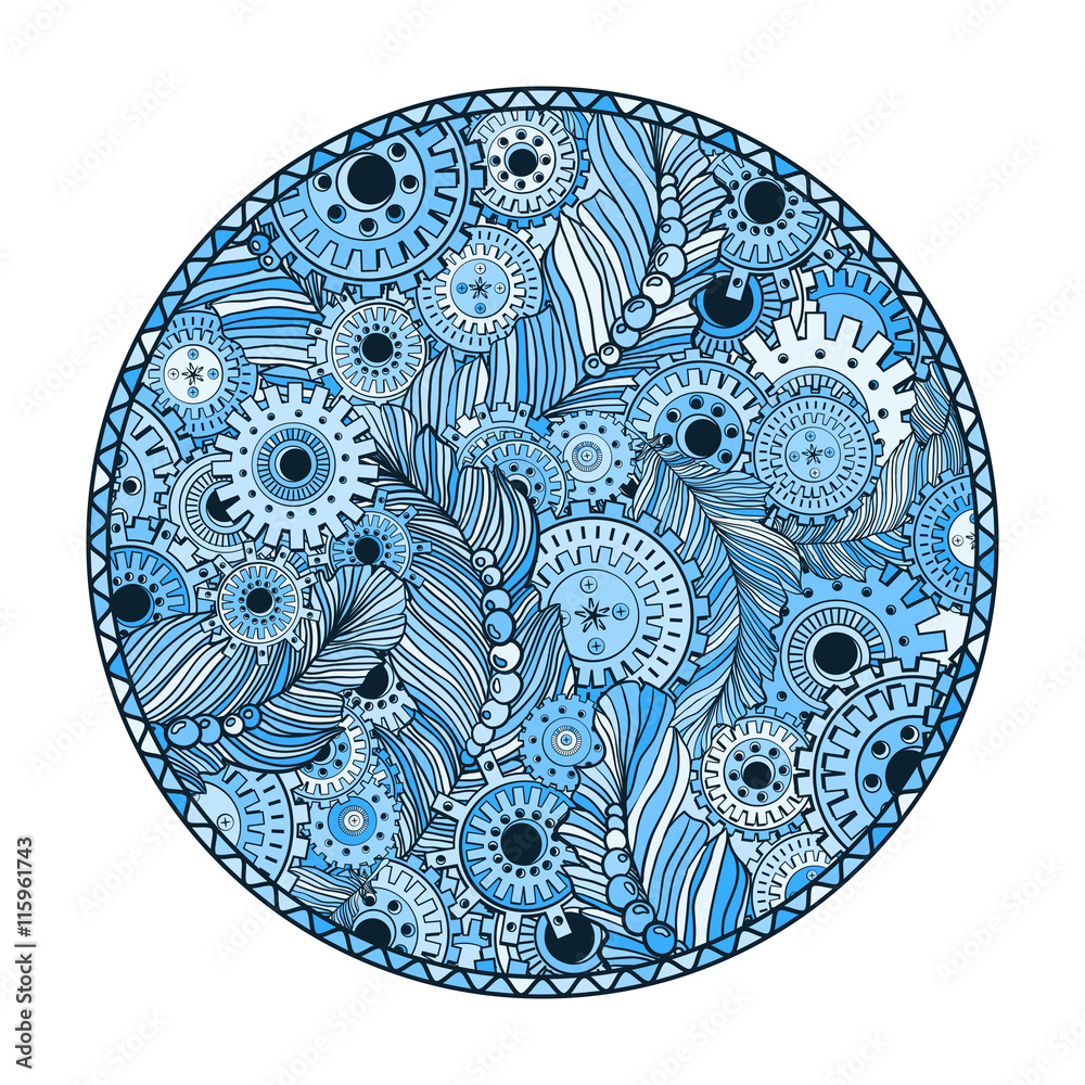 Blue round coloring page design with doodle pattern for adults. Colored ...