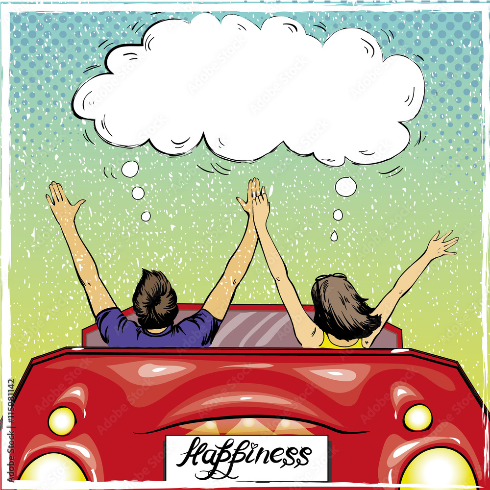 Happy couple in a car driving away. Vector illustration in retro pop ...
