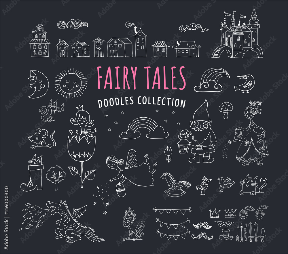 Collection of fairy tales hand drawn doodles, illustrations Stock ...