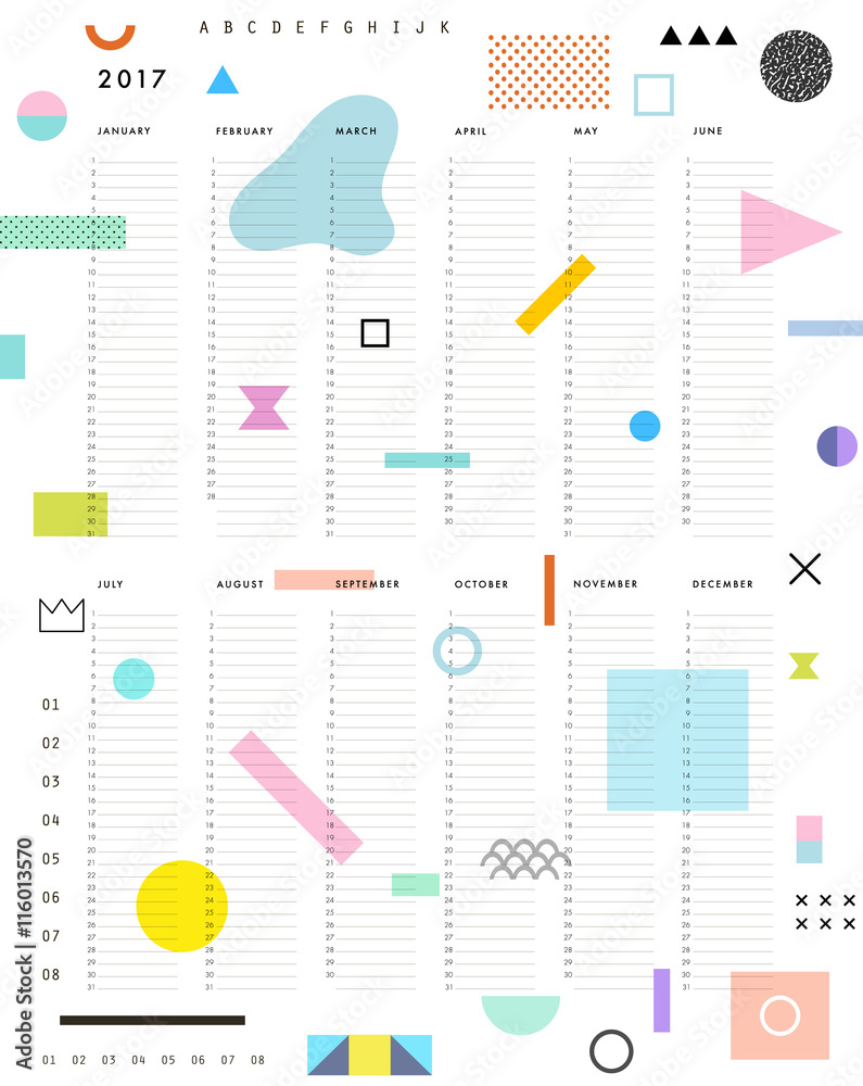 Yearly Planner Calendar with Vertical Months on white background ...