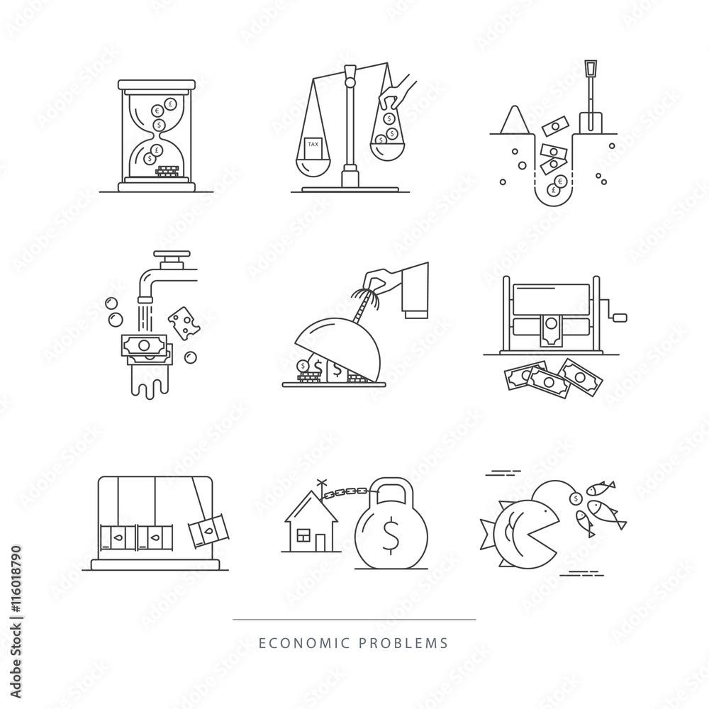 Vector set of economic icons with popular economy problems. Stock ...