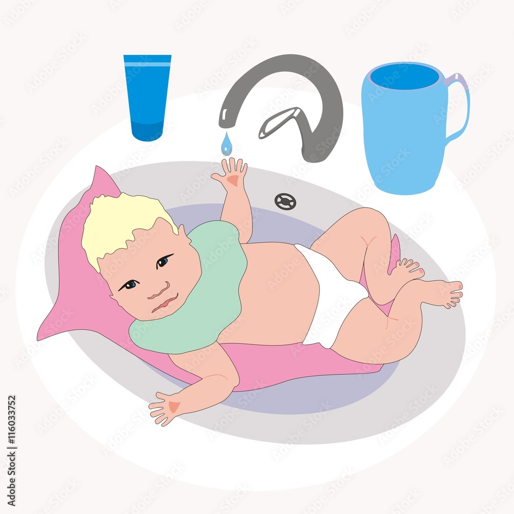 Illustration of a newborn girl is so small so bathing in the sink in ...