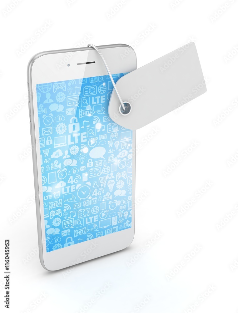 White smart phone with white price tag on white background ...