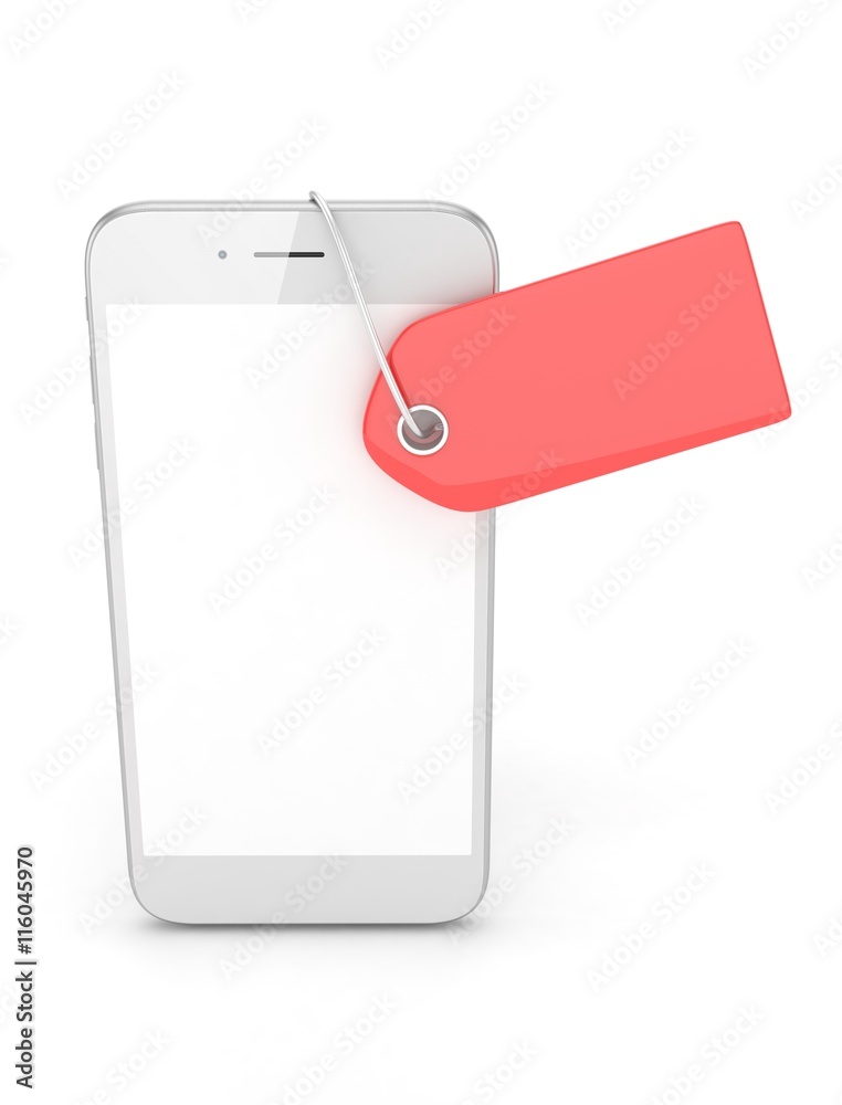 White smart phone with red price tag on white background ...