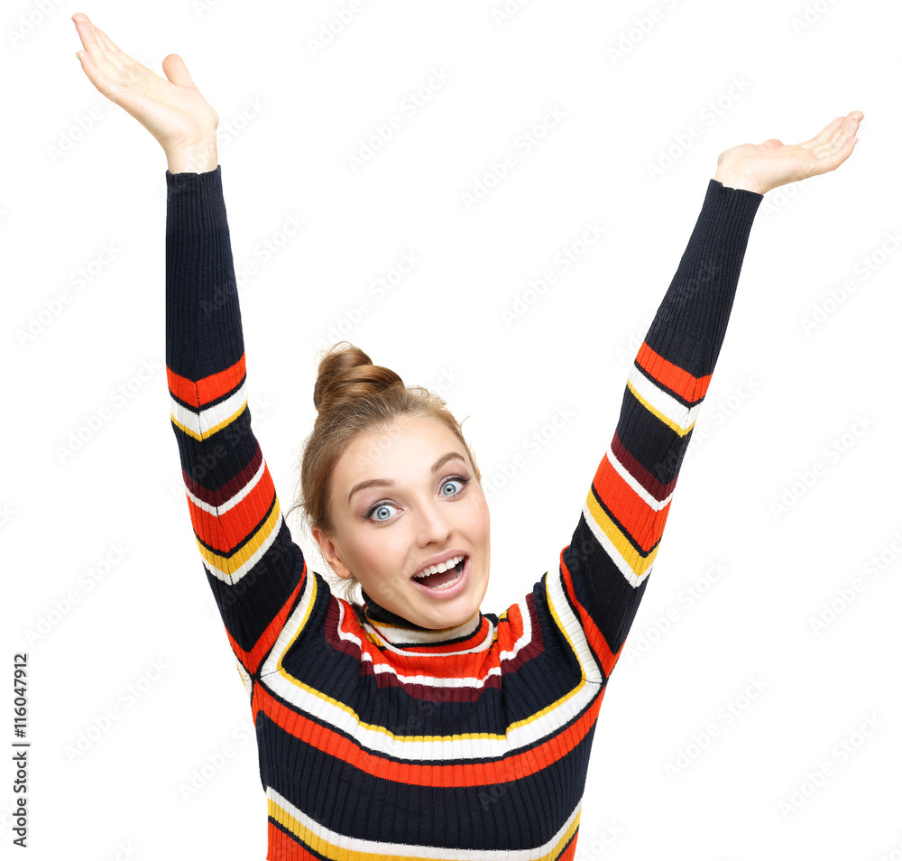 Success.Portrait of excited girl , raising hands and laughing at camera ...