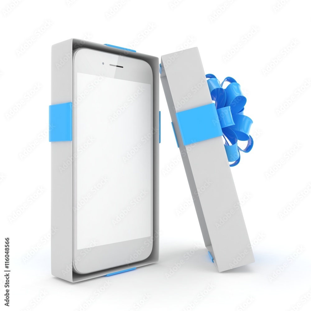 Smartphone in gift box. Isolated on white background. 3d rendering ...