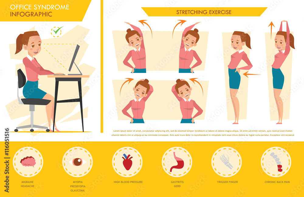 girl office syndrome infographic and stretching exercise Stock Vector ...