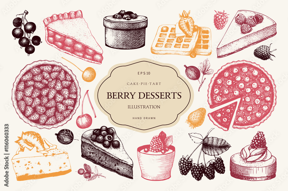 Vector collection of ink hand drawn berry cake, pie and tart ...