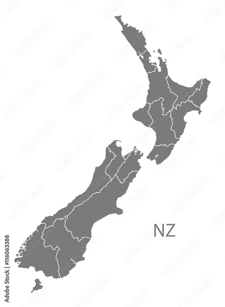 New Zealand Map with states grey Stock Vector | Adobe Stock