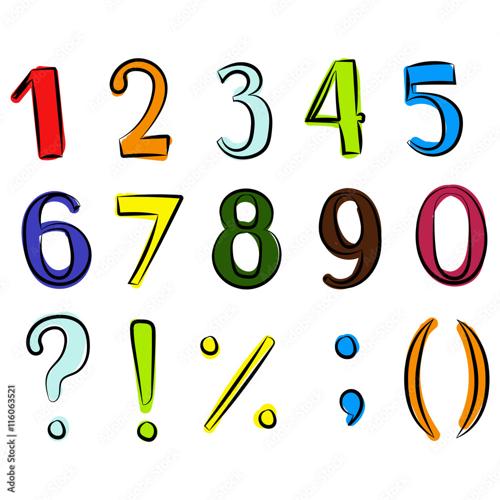 Number set. Hand drawn vector illustration. Numbers and symbols Stock ...