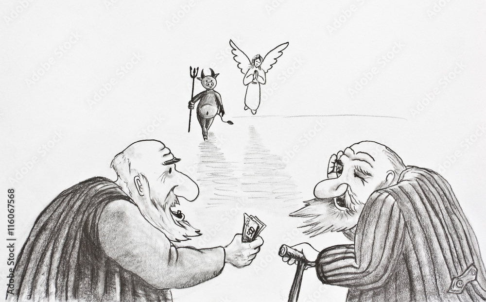 Pencil drawing. Two old people rely on the devil or angel Stock ...
