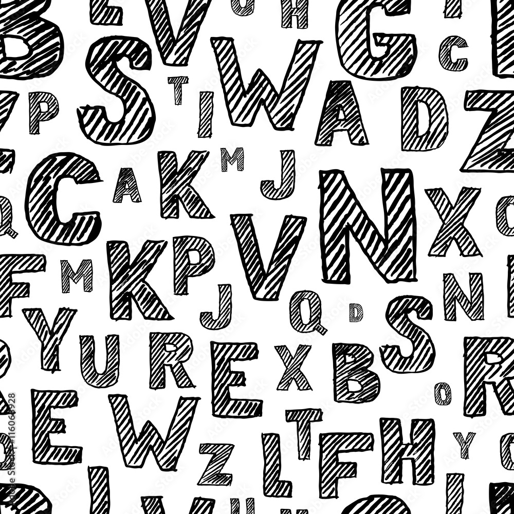 Vector seamless pattern with hand drawn sketch alphabet. Scratched and ...