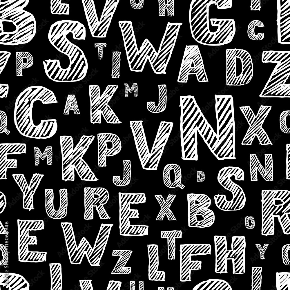 Vector seamless black pattern with white hand drawn sketch alphabet ...