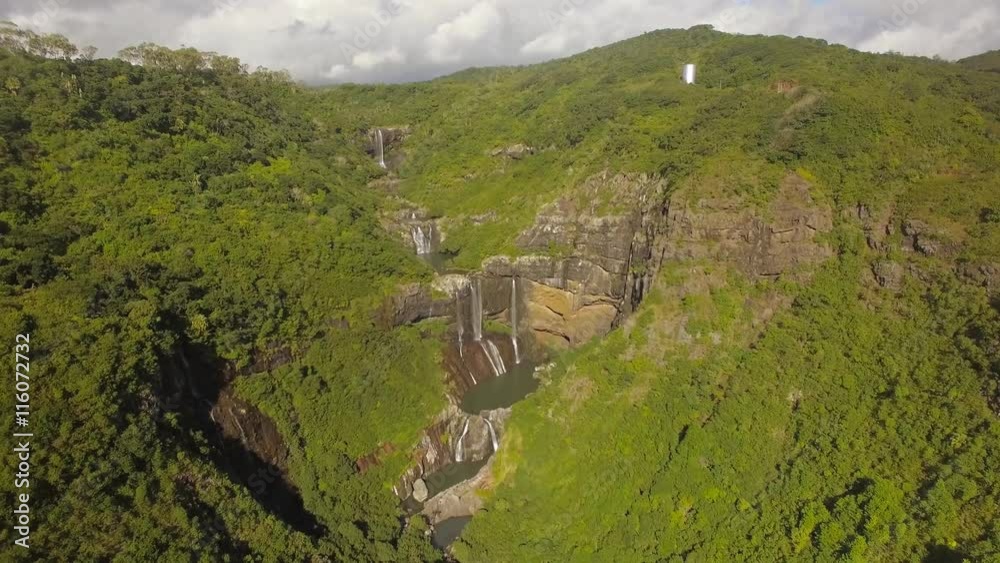 4K UHD Top down aerial video of Tamarin Falls Waterfall (Seven Cascades ...