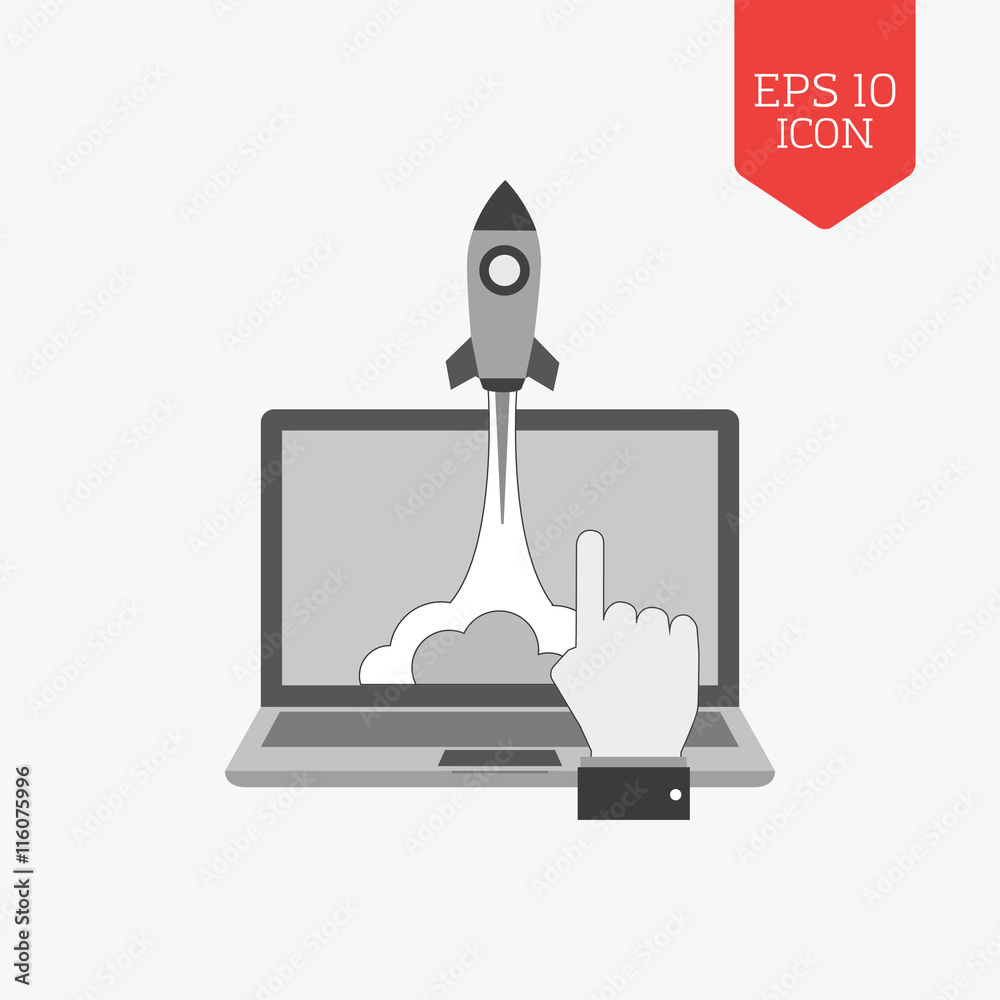Rocket launch from laptop icon, startup concept. Flat design gra Stock ...