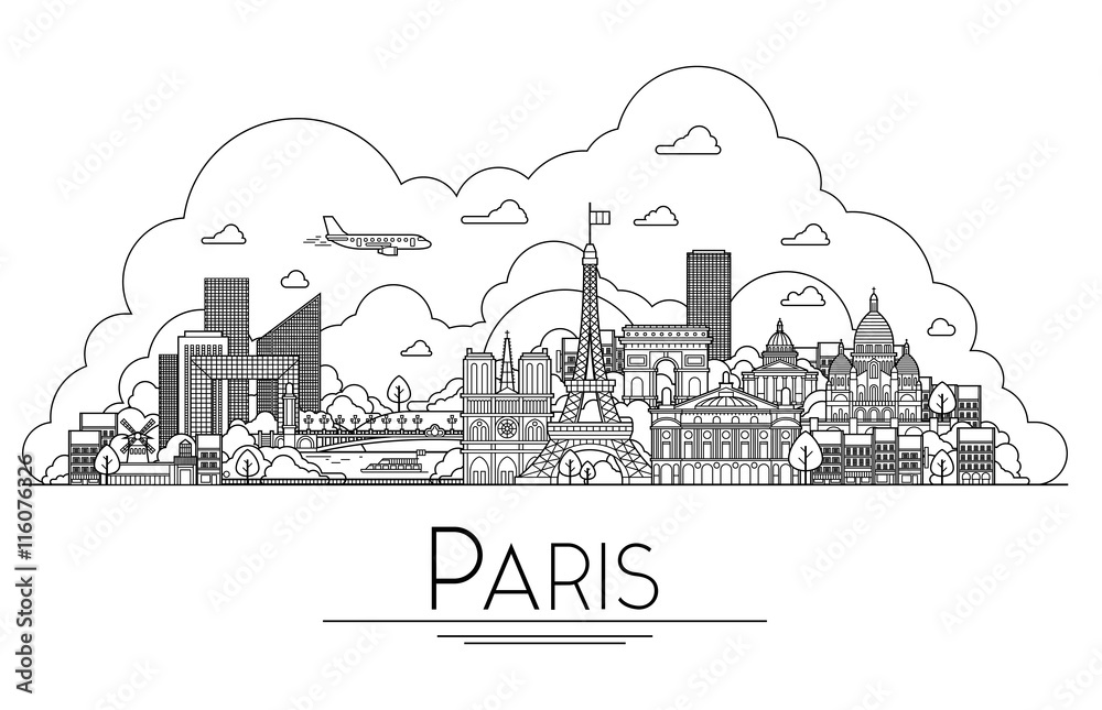 Vector line art Paris, France, travel landmarks and architecture icon ...